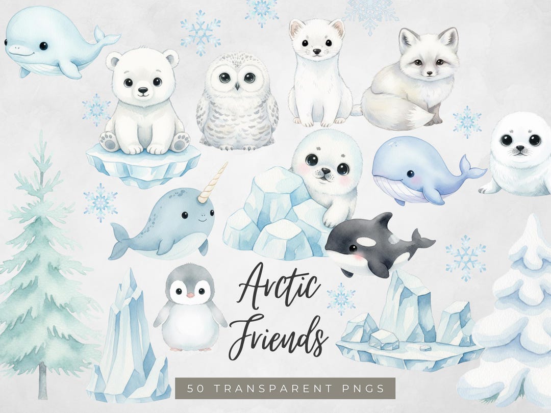 Arctic Animals Clipart Bundle, Cute Winter Wildlife Illustrations ...