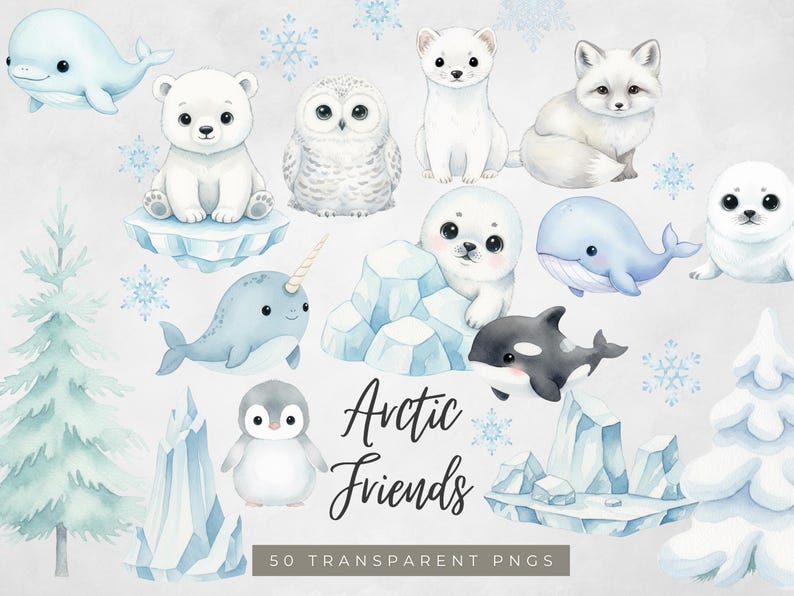 Arctic Animals Clipart Bundle, Cute Winter Wildlife Illustrations ...