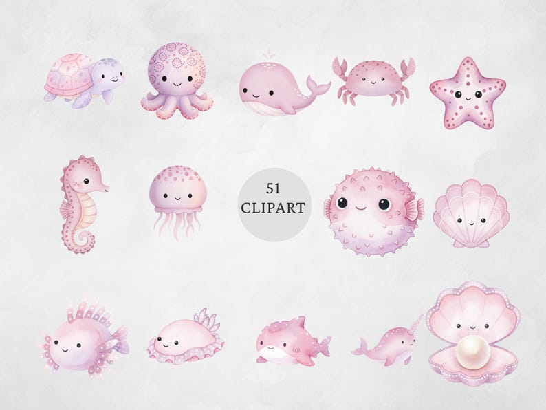 Ocean Animals Clipart Bundle Cute Baby Sea Creatures Watercolor Set ...