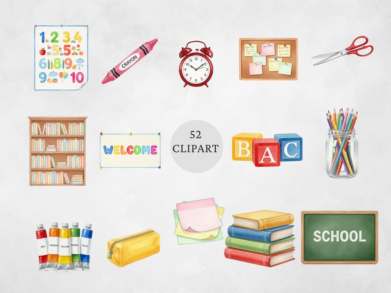 Back to School Clipart | Watercolor School Supplies PNG | Classroom ...