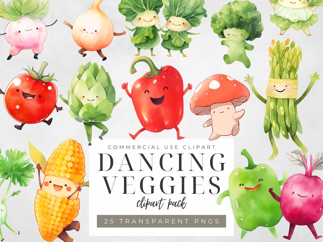 Cute Dancing Vegetables Clipart Watercolor Kawaii Veggie PNG Cartoon ...