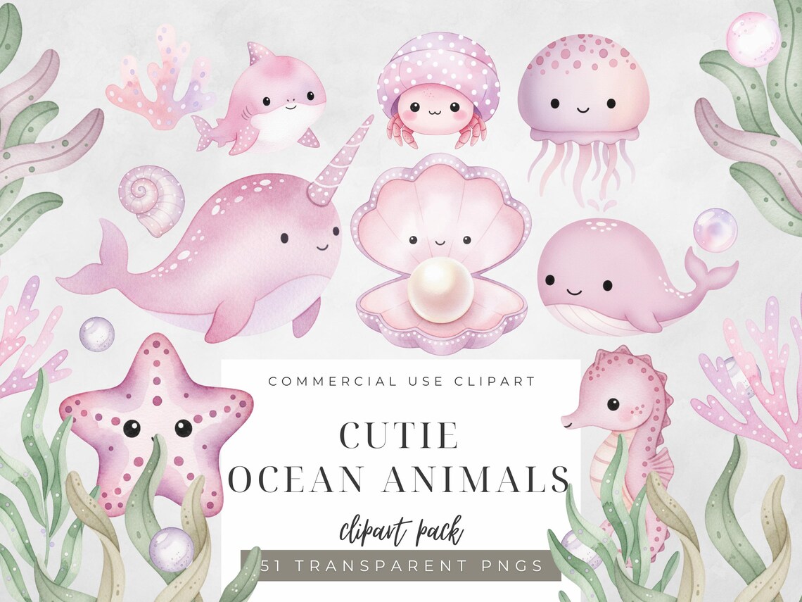Ocean Animals Clipart Bundle Cute Baby Sea Creatures Watercolor Set ...