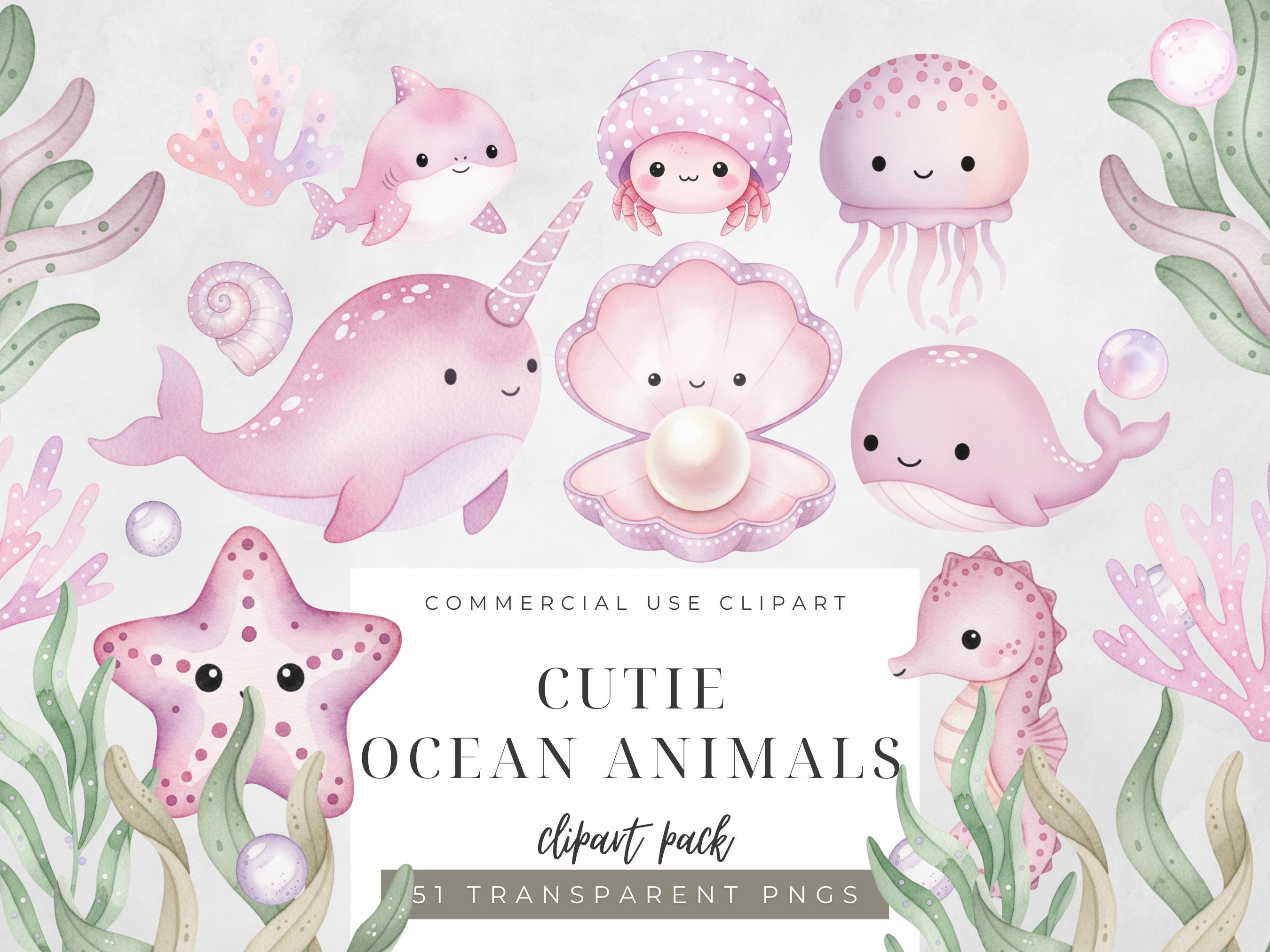 Ocean Animals Clipart Bundle Cute Baby Sea Creatures Watercolor Set ...