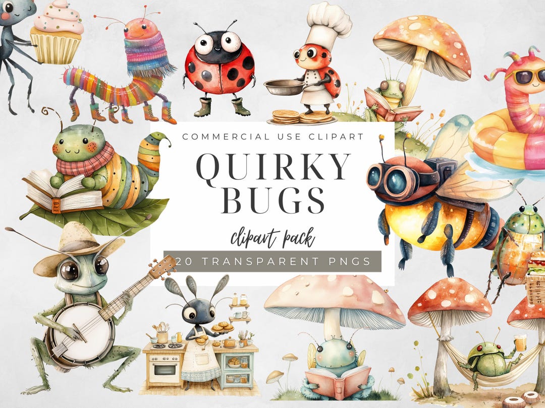 Quirky Watercolor Bug Clipart Set Cute Funny Insect Illustrations ...