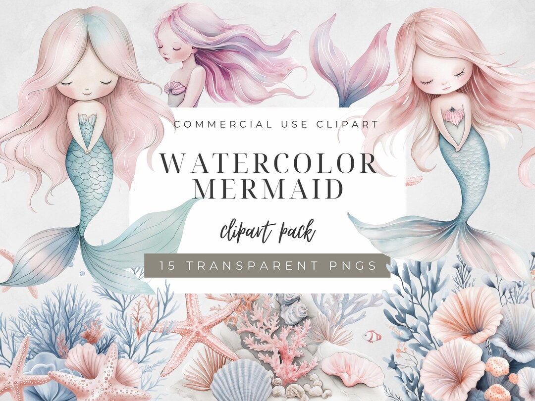 Watercolor Mermaid Clipart for Birthday Invitation Card Ocean-themed ...