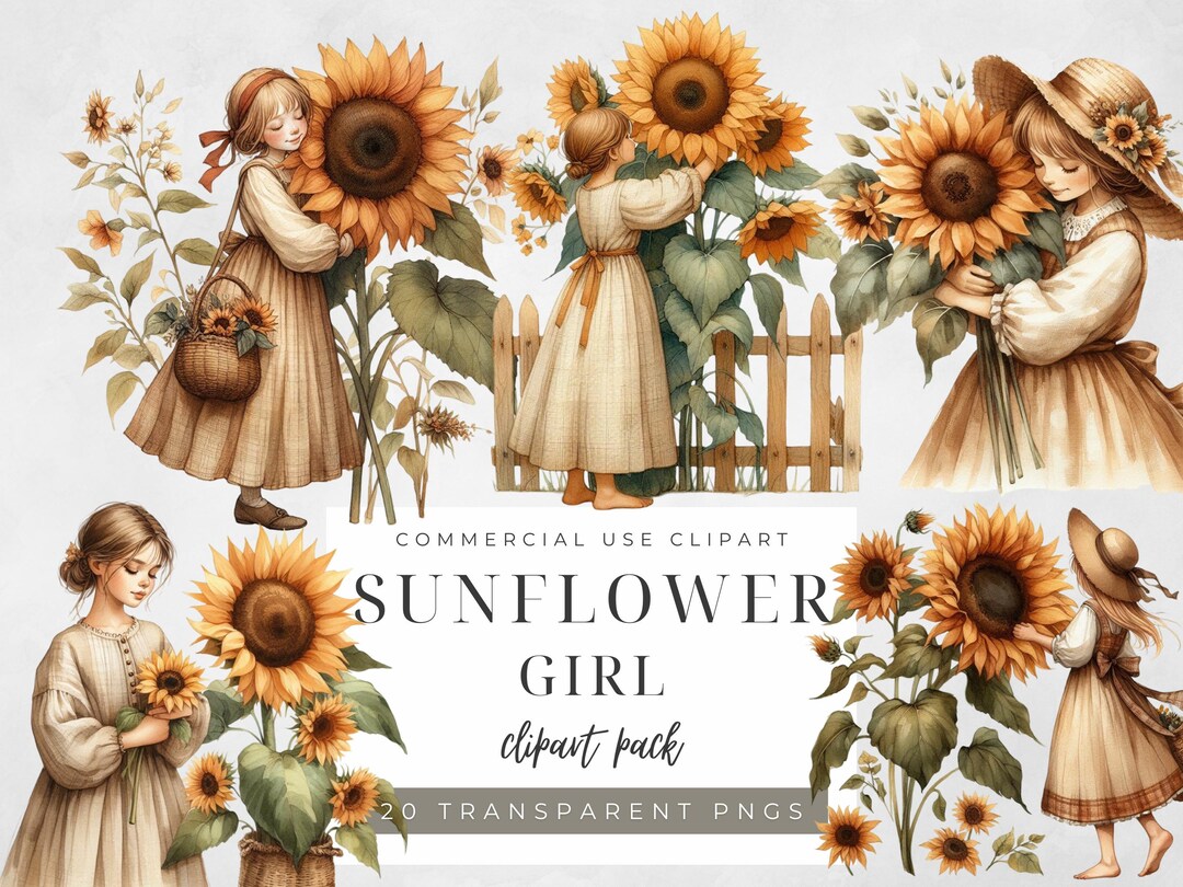Watercolor Cottage Girl Holding Giant Sunflower Clipart Cottagecore ...