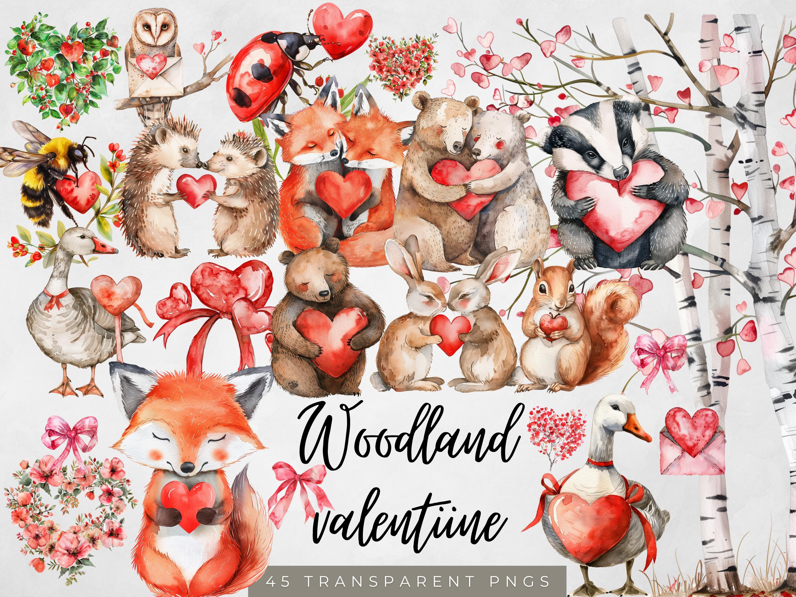 Woodland Valentine Clipart Bundle, Cute Watercolor Forest Animals and ...