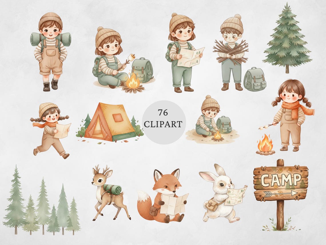 Little Campers Watercolor Clipart Pack, Woodland Animal Campers, Forest ...