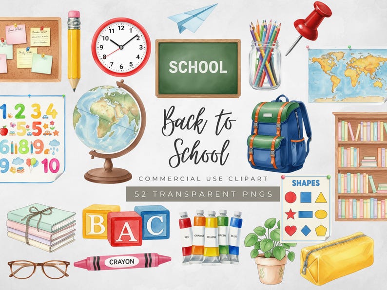 Back to School Clipart | Watercolor School Supplies PNG | Classroom ...