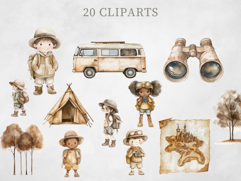 Watercolor Kids Clipart Pack Cute Kids Camping Gear and Nature Elements ...
