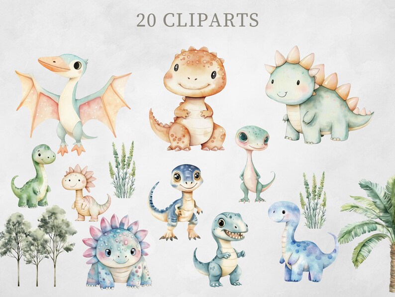 Watercolor Dinosaur Clipart Pack Dinosaur for Nursery Decor Cute Dino ...