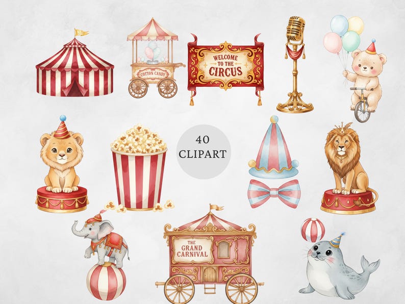 Circus Clipart, Watercolor Circus PNG Bundle, Cute Circus Animals ...