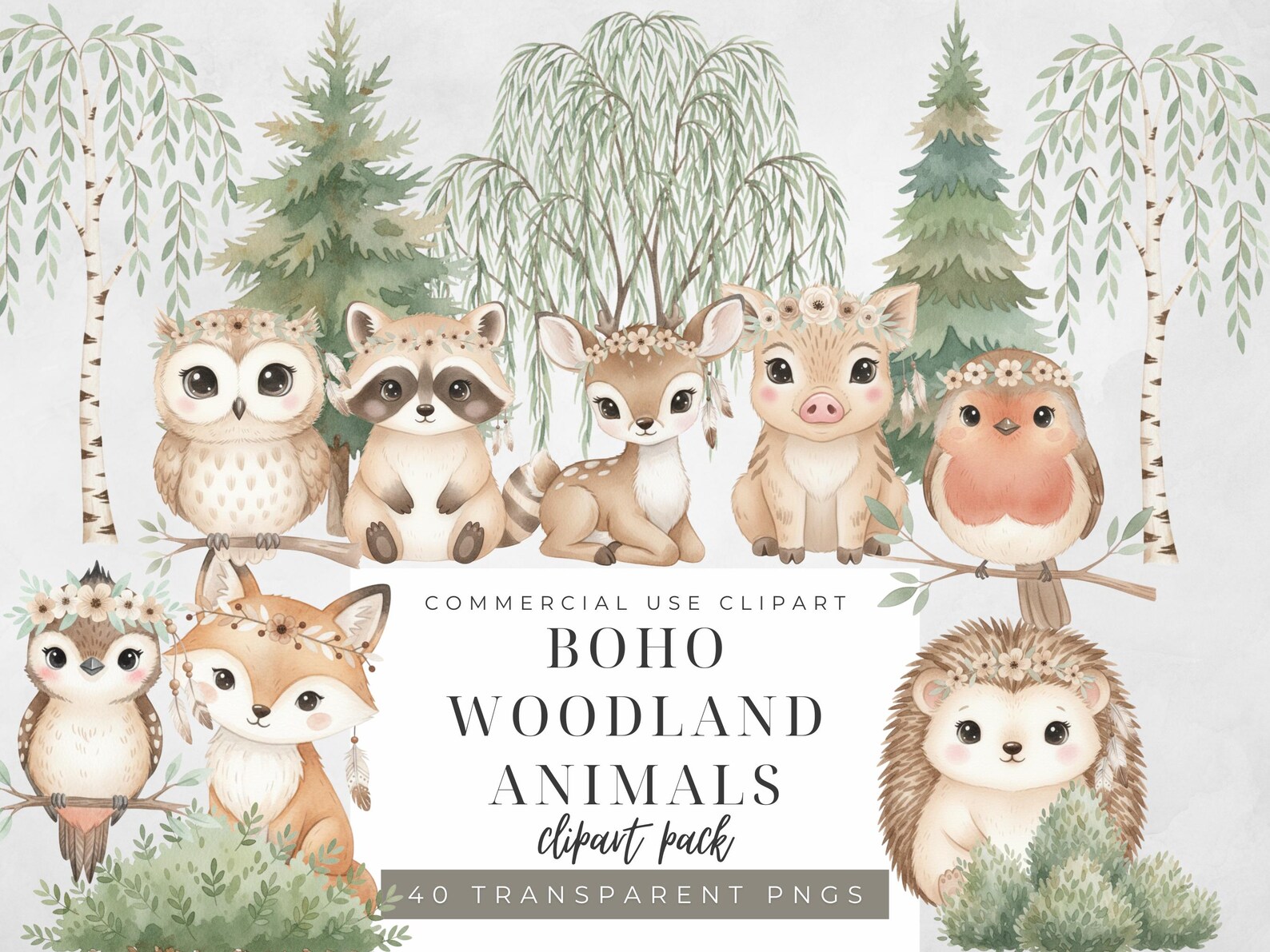 Watercolor Forest Animal Clipart Bundle: Boho Nursery PNG (digital ...