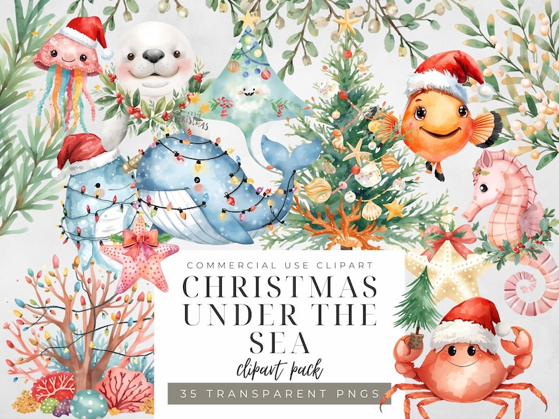 Christmas Under the Sea Clipart: Pastel Watercolor Ocean PNG (digital ...