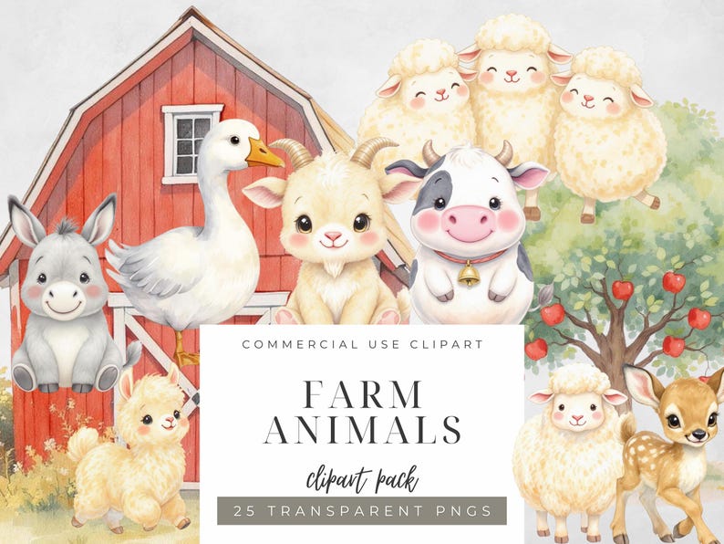 Watercolor Farm Animal Clipart Bundle: Nursery Decor Illustrations ...