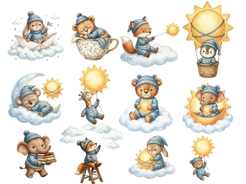Here Comes the Son Clipart Bundle Watercolor Baby Boy Nursery Animals ...