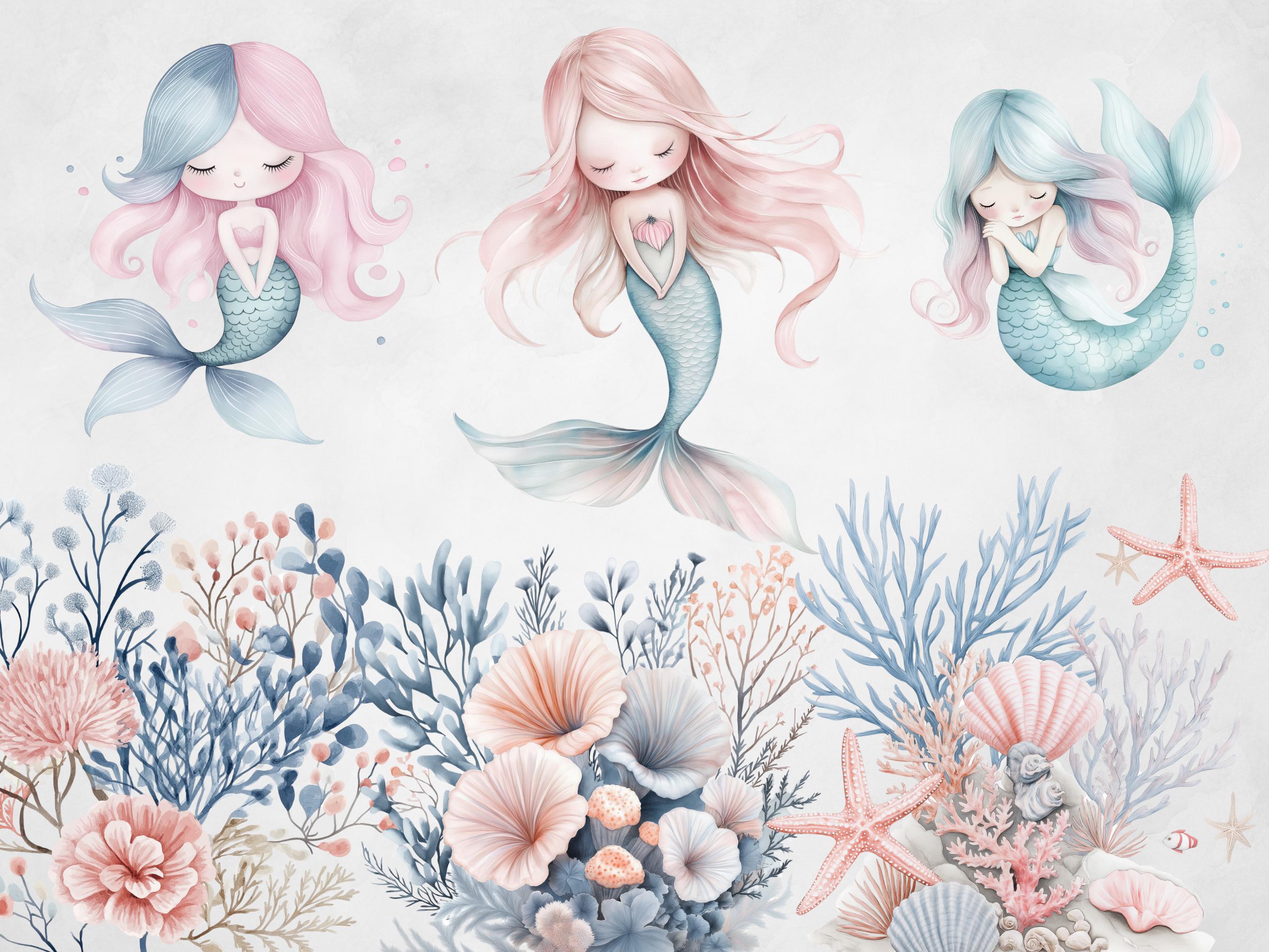 Watercolor Mermaid Clipart for Birthday Invitation Card Ocean-themed ...