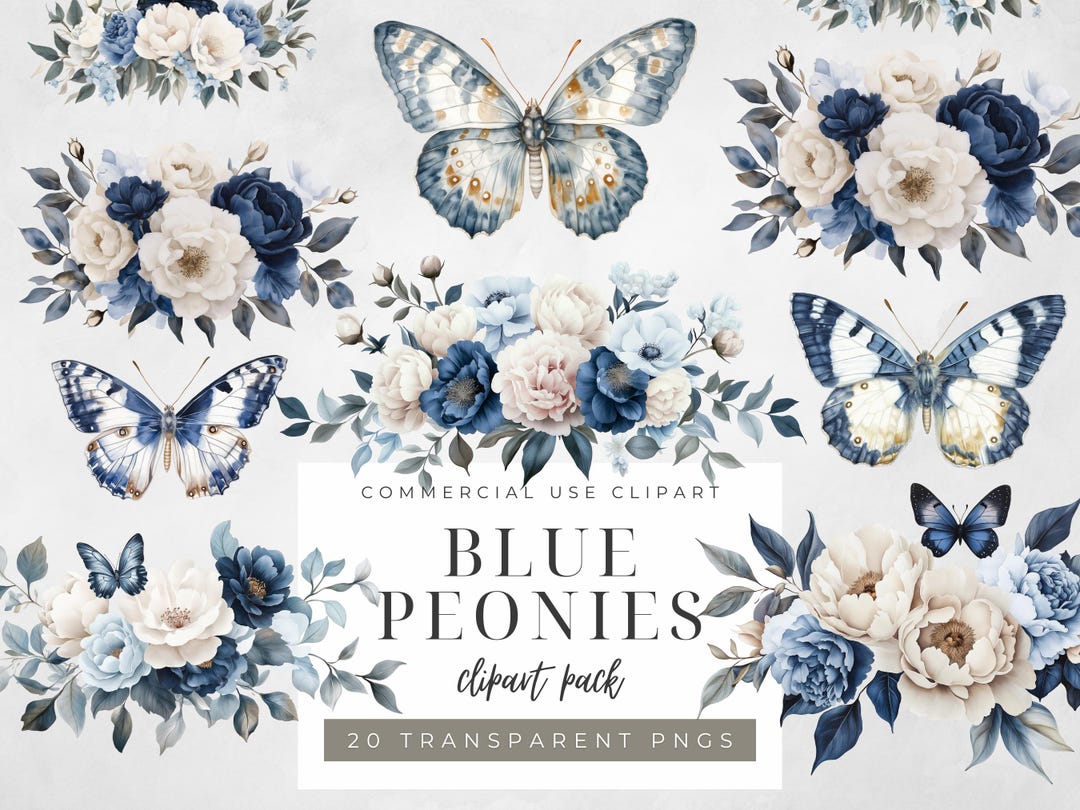 Floral Clipart Blue Peonies Clipart Elegant Blue Peonies With Butterfly ...
