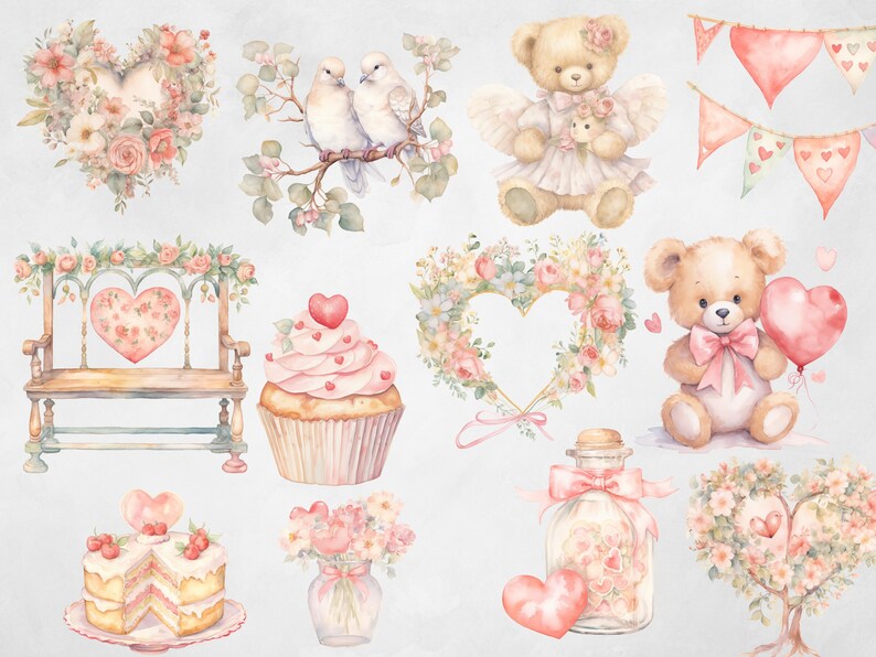 Watercolor Valentine Clipart: Hearts, Flowers, Love (PNG Digital ...