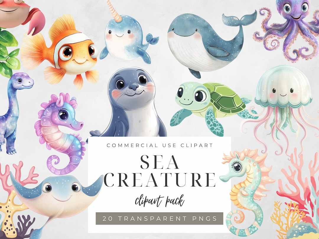 Sea Creature Clipart Cute Ocean Animal Pngwatercolor Marine Life ...