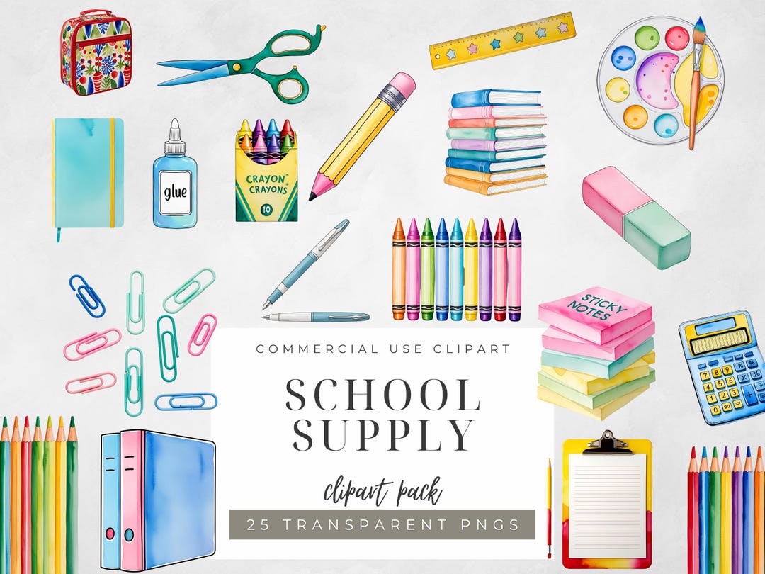 Watercolor School Supplies Clipart – Pastel Back to School Essentials ...