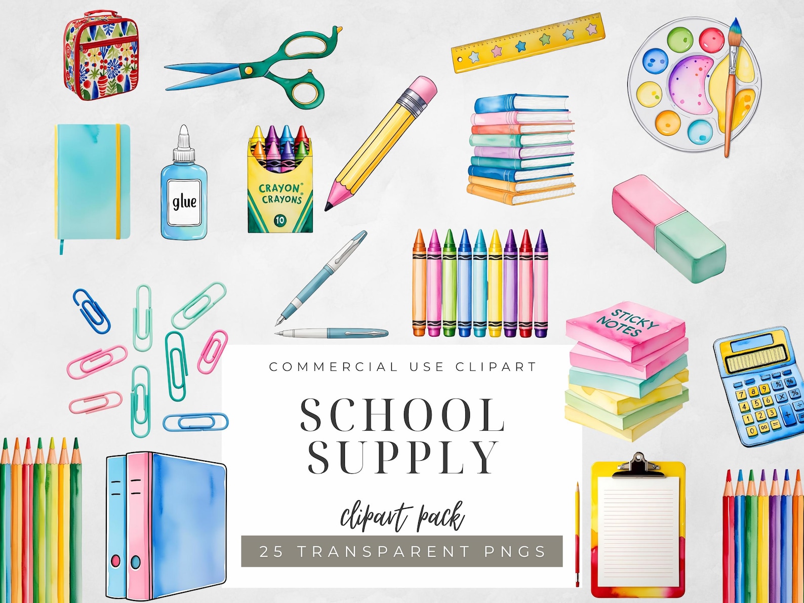 Watercolor School Supplies Clipart – Pastel Back to School Essentials ...