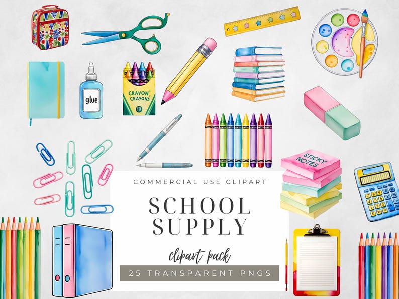 Watercolor School Supplies Clipart – Pastel Back to School Essentials ...