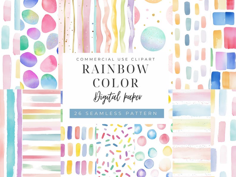 Rainbow Party Seamless Patterns, Watercolor Digital Paper, Pastel Paper ...