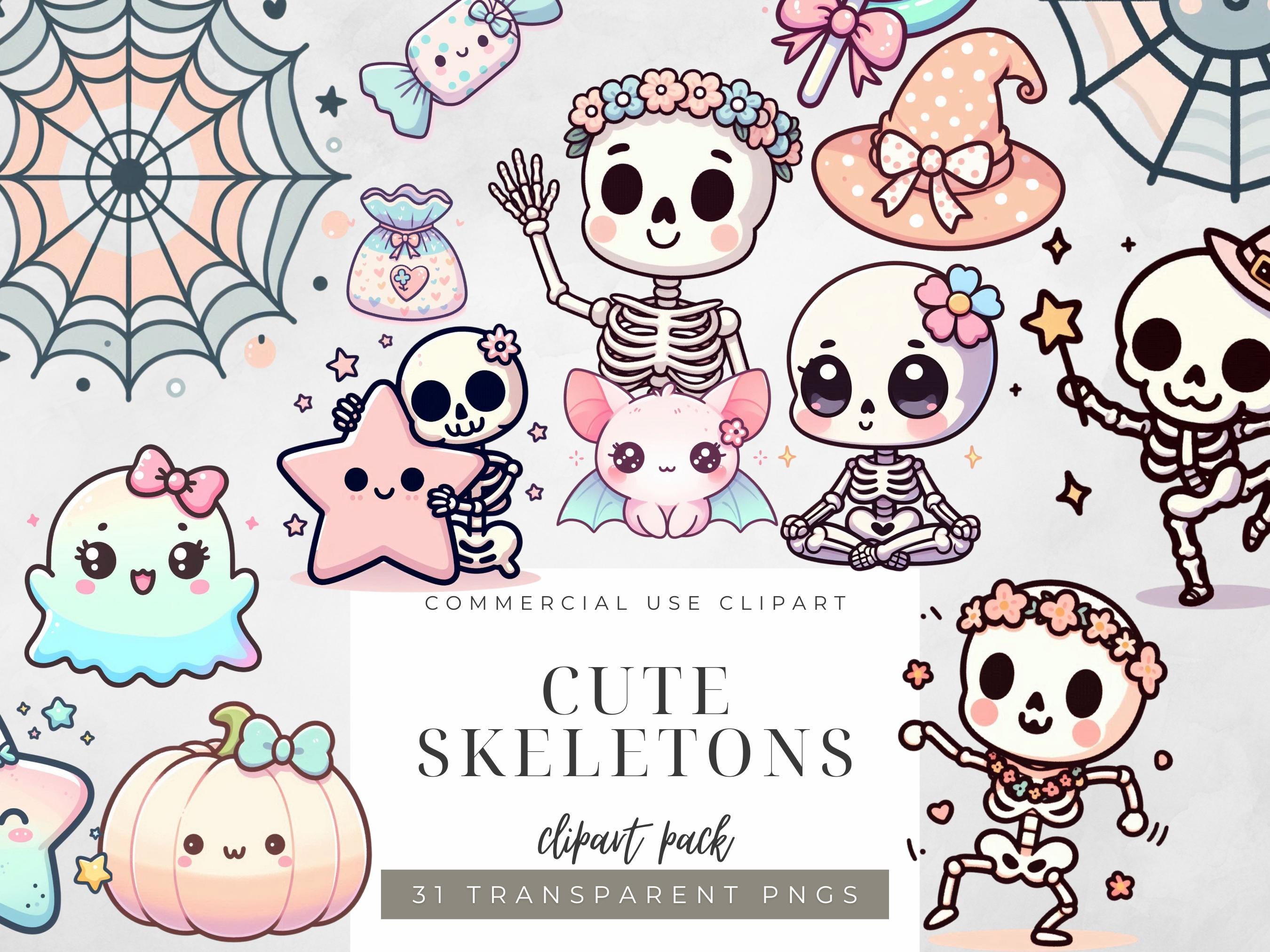 Cute Skeletons Pastel Halloween Clipart Bundle Kids Dancing Skeletons ...