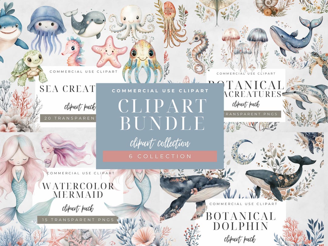 Watercolor Clipart Bundle Sea Creature Clipart Mermaid Clipart ...
