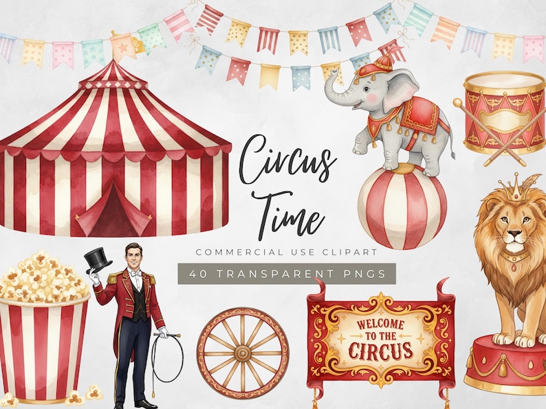 Circus Clipart, Watercolor Circus PNG Bundle, Cute Circus Animals ...