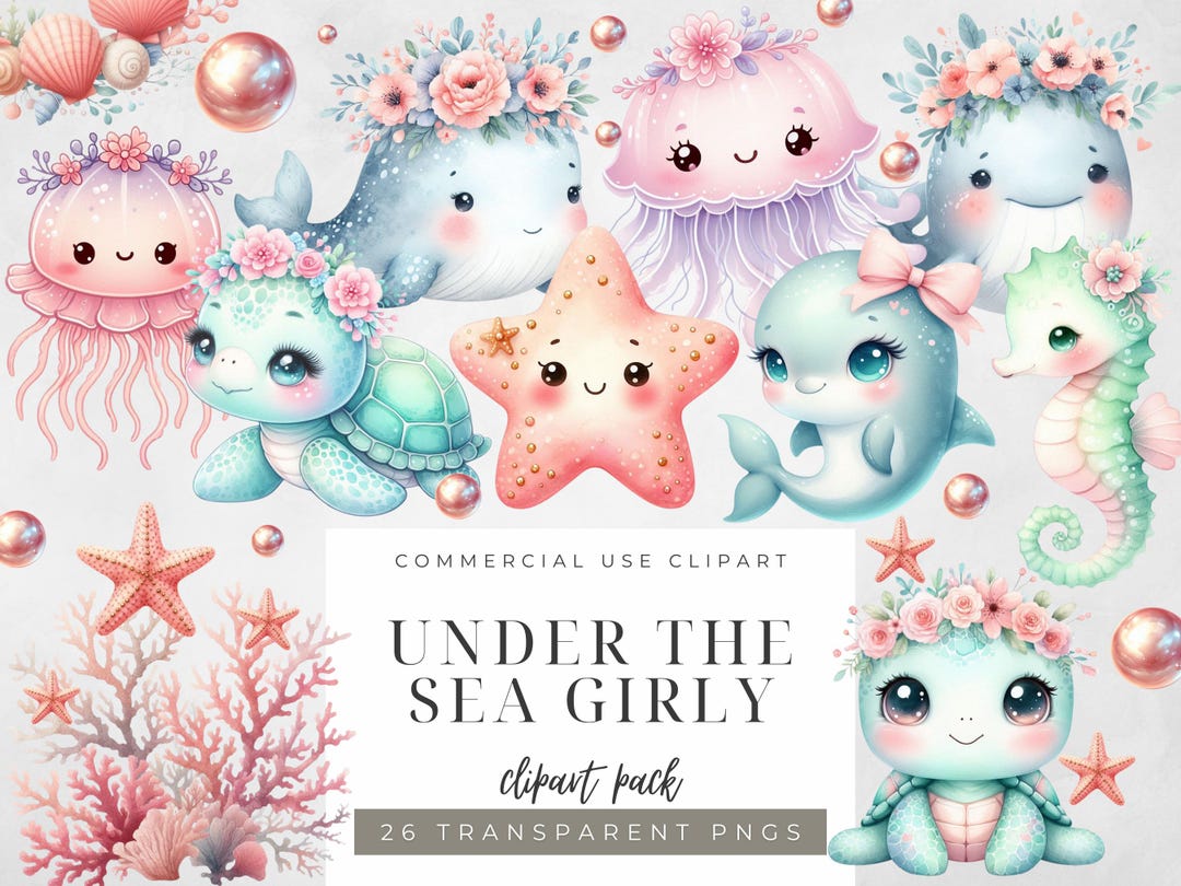 Watercolor Under the Sea Clipart Bundle: Girly Ocean Animals PNG - Etsy