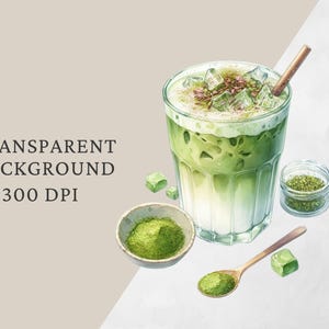 Watercolor Matcha Clipart Bundle: Green Tea Latte, Desserts (PNG ...