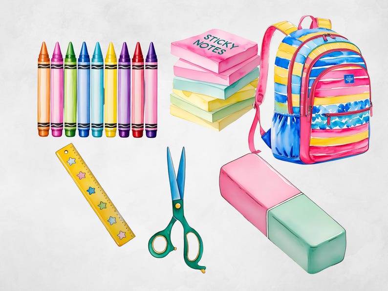 Watercolor School Supplies Clipart – Pastel Back to School Essentials ...