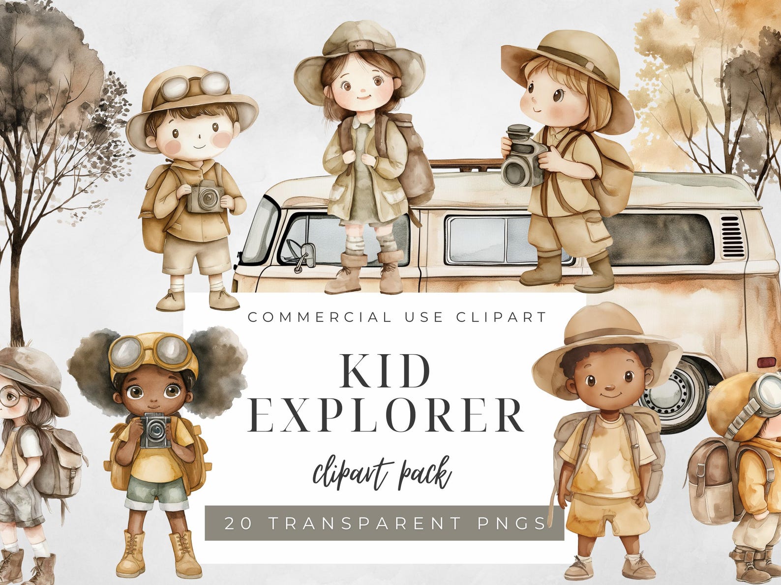 Kid Explorer Watercolor Clipart Pack Cute Kids Camping Gear and Nature ...