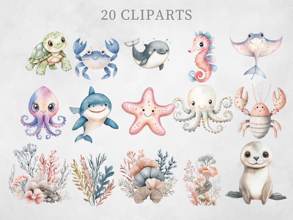 Watercolor Sea Creatures Clipart: Pastel Ocean Animals (digital ...