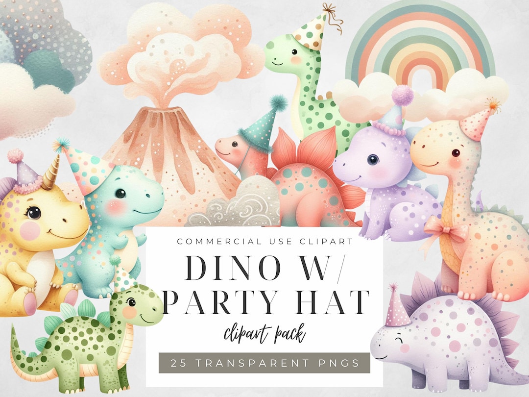 Dinosaur With Party Hat Clipart Cute Dino Watercolor Illustrations Baby ...