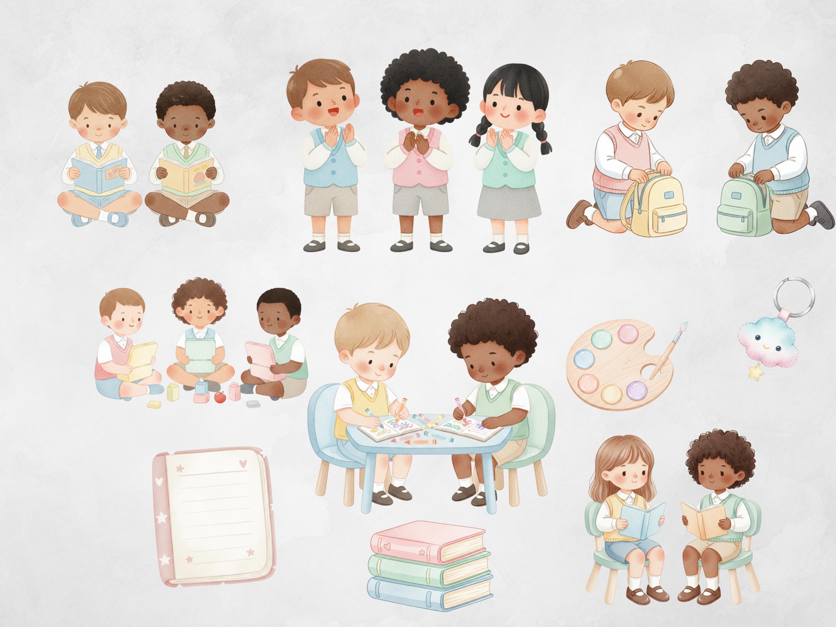 Kids Moods Clipart Bundle, Watercolor Students Clipart, School Kids ...