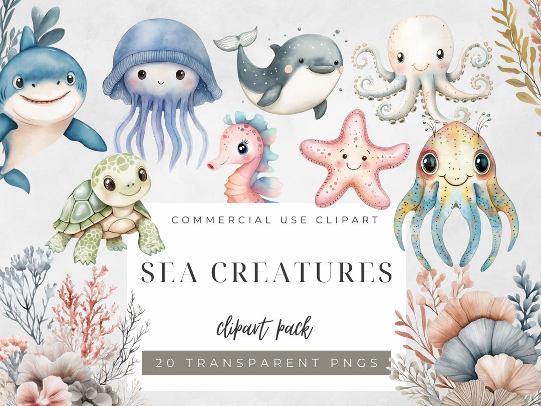 Watercolor Under the Sea Creatures Clipart Set Cute Ocean Animals ...
