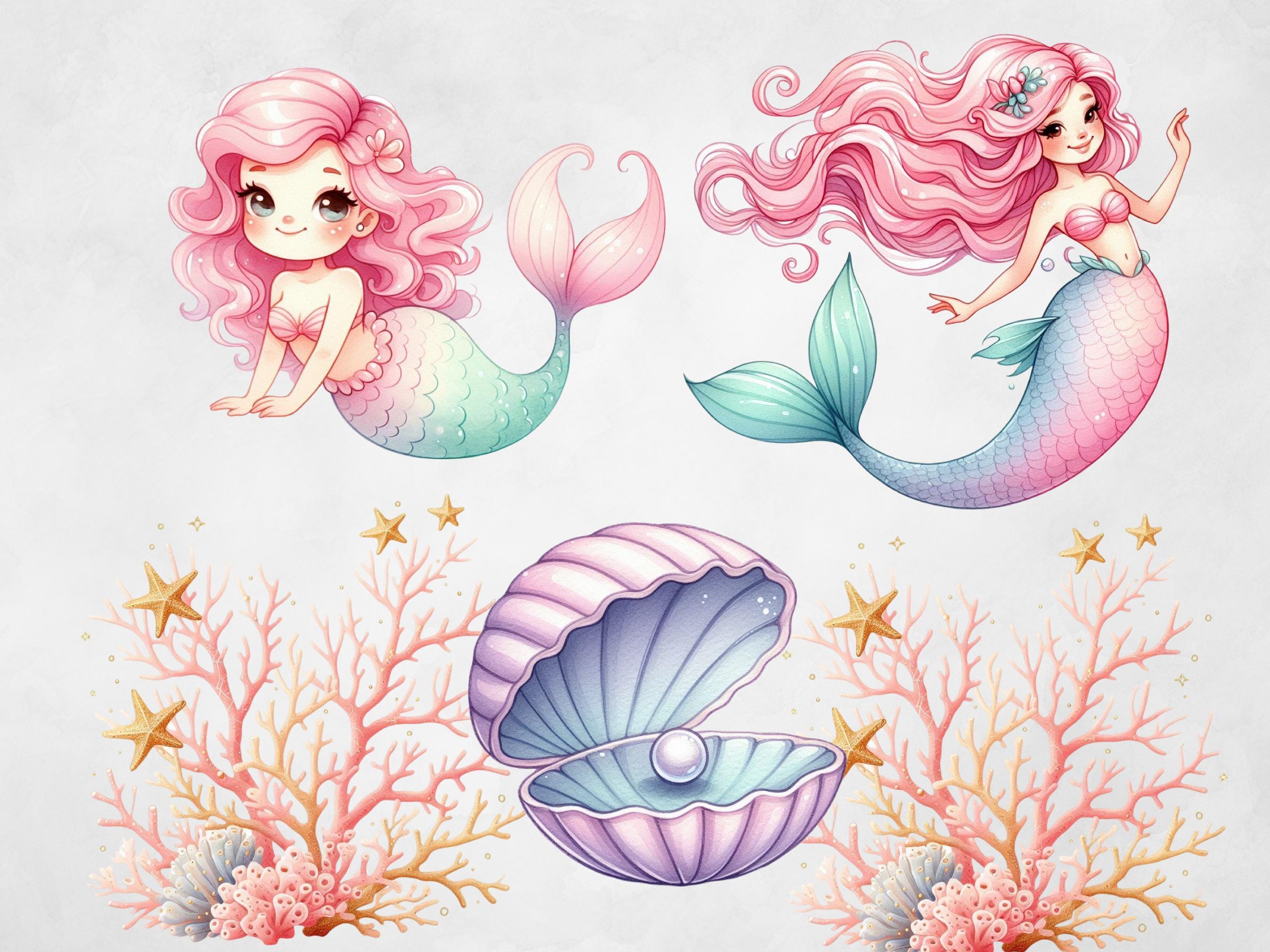 Pink Mermaid Clipart Set: Watercolor Ocean Illustration (digital ...