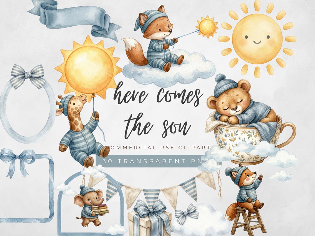 Here Comes the Son Clipart Bundle Watercolor Baby Boy Nursery Animals ...