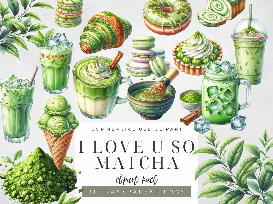 Watercolor Matcha Clipart Bundle: Green Tea Latte, Desserts (PNG ...
