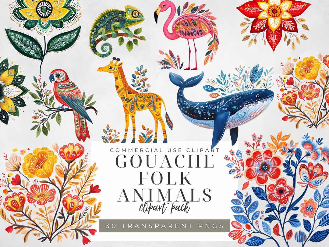 Gouache Folk Illustrations Clipart Animals Clipart Folk Animal ...