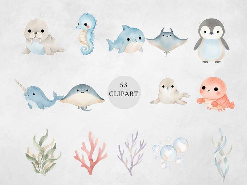 Baby Ocean Animals Clipart Cute Sea Creatures Watercolor Clipart for ...