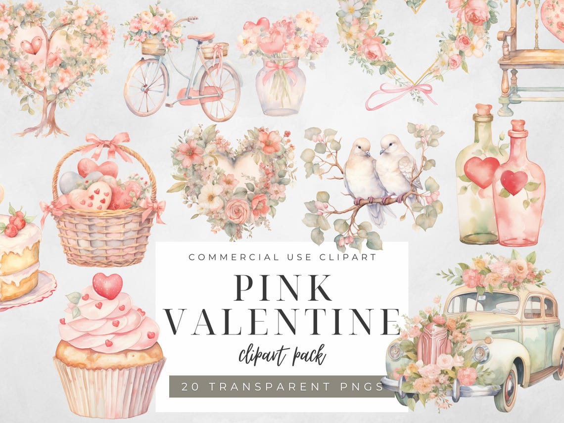 Watercolor Valentine Clipart: Hearts, Flowers, Love (PNG Digital ...