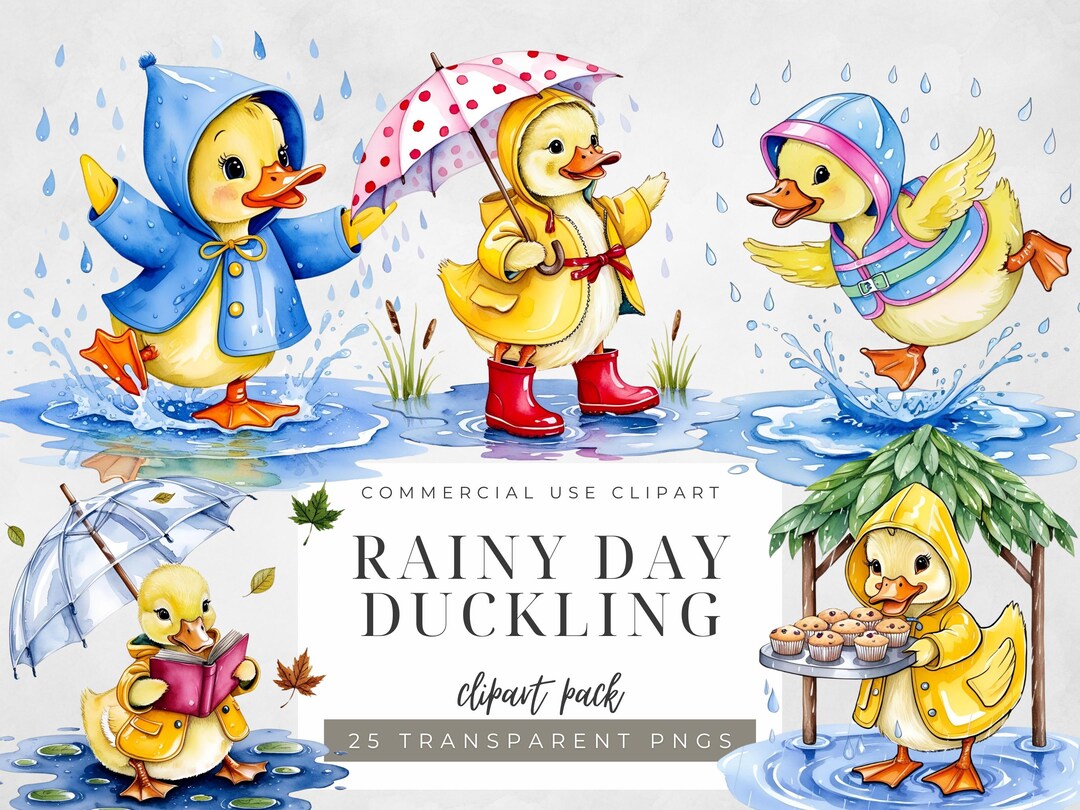 Watercolor Duckling Clipart: Rainy Day Pastel Nursery Art (digital ...