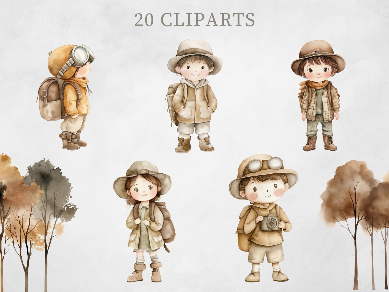 Kid Explorer Watercolor Clipart Pack Cute Kids Camping Gear and Nature ...
