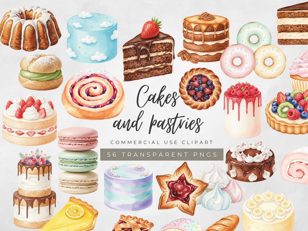Watercolor Cakes and Pastries Clipart Bundle | Cupcakes, Donuts ...