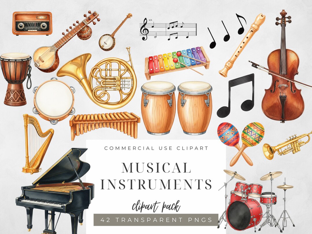 Watercolor Musical Instruments Clipart: PNG Music Bundle (digital ...