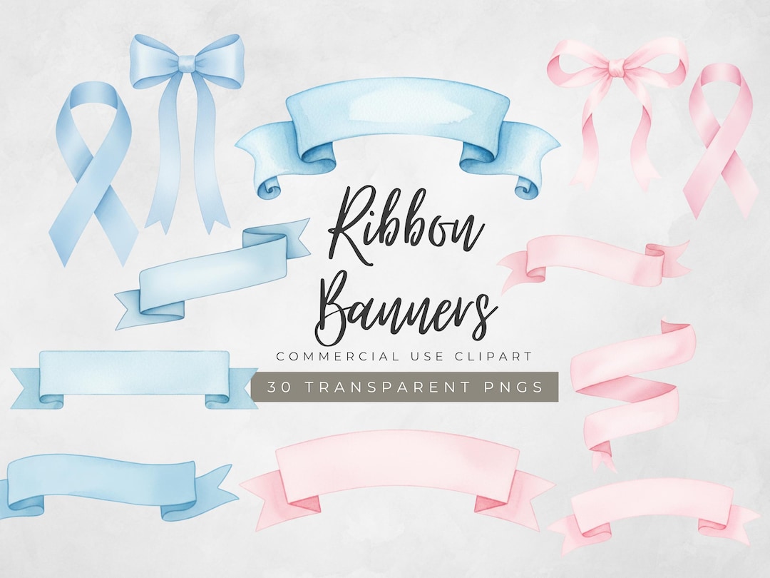 Watercolor Ribbon and Banner Clipart Set Baby Blue Pink Pastel Bows ...